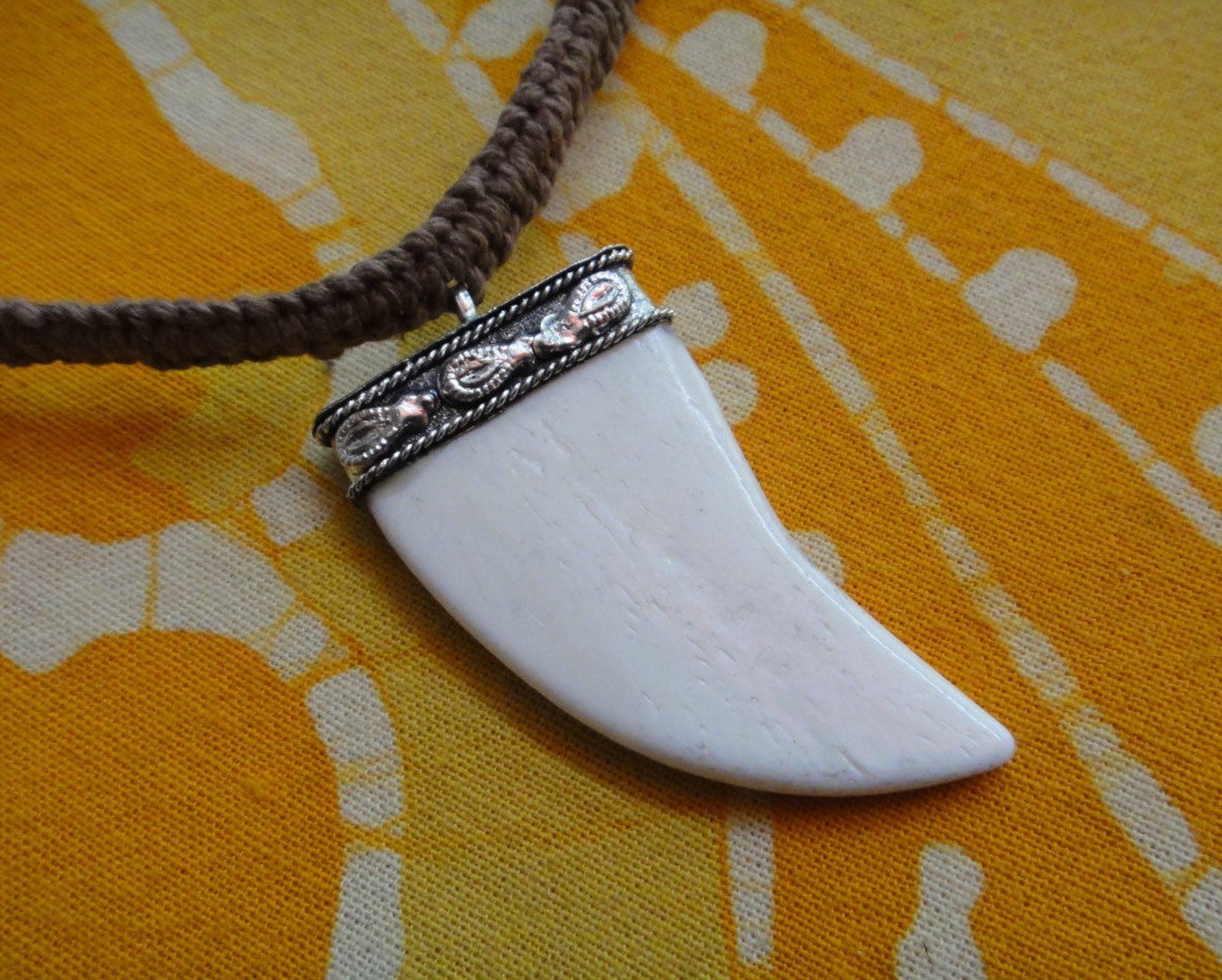 Buffalo Bone Tusk Pendant Hemp Necklace / Choker Tribal Hippie Jewelry ...
