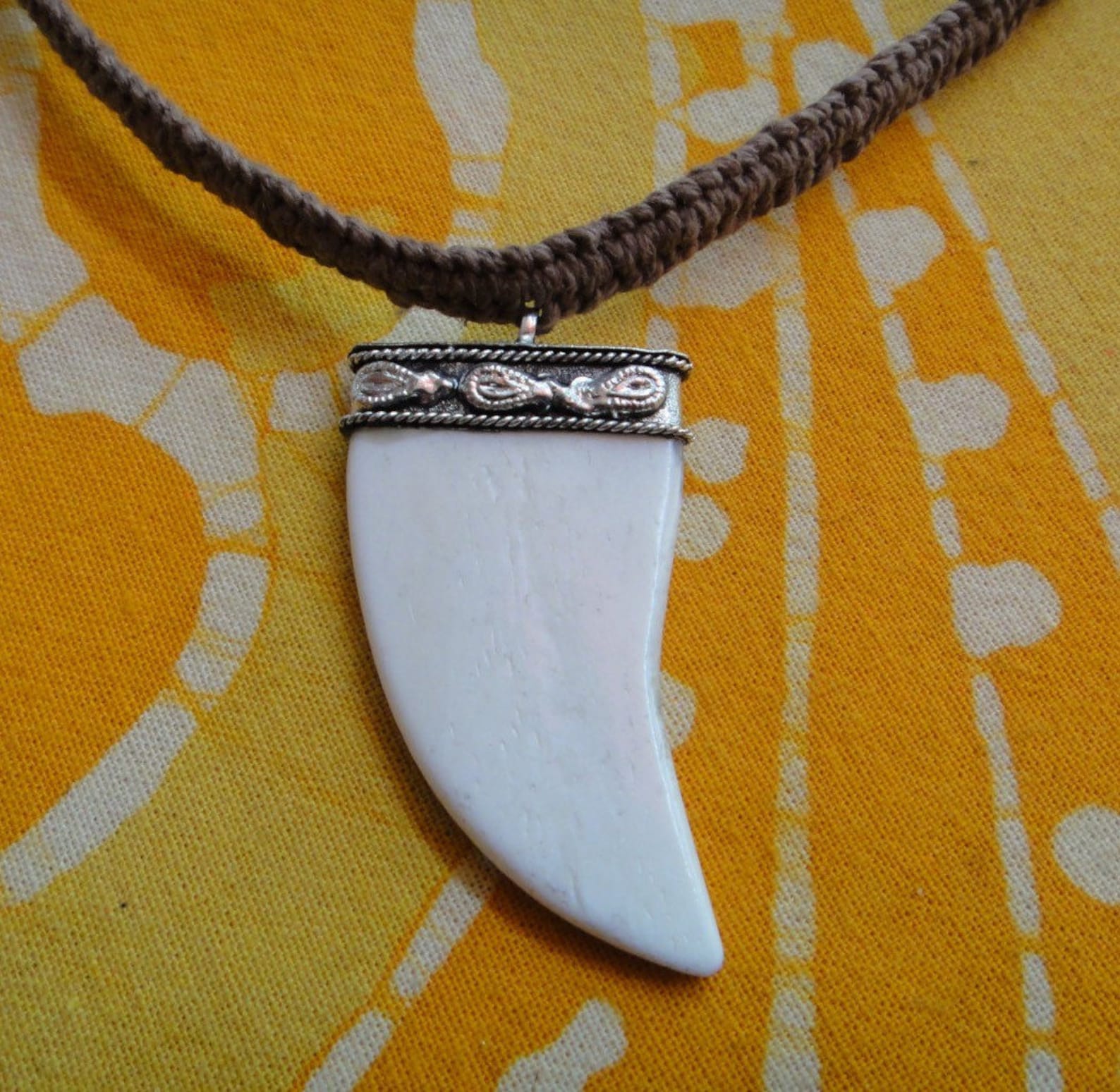 Buffalo Bone Tusk Pendant Hemp Necklace / Choker Tribal Hippie Jewelry ...
