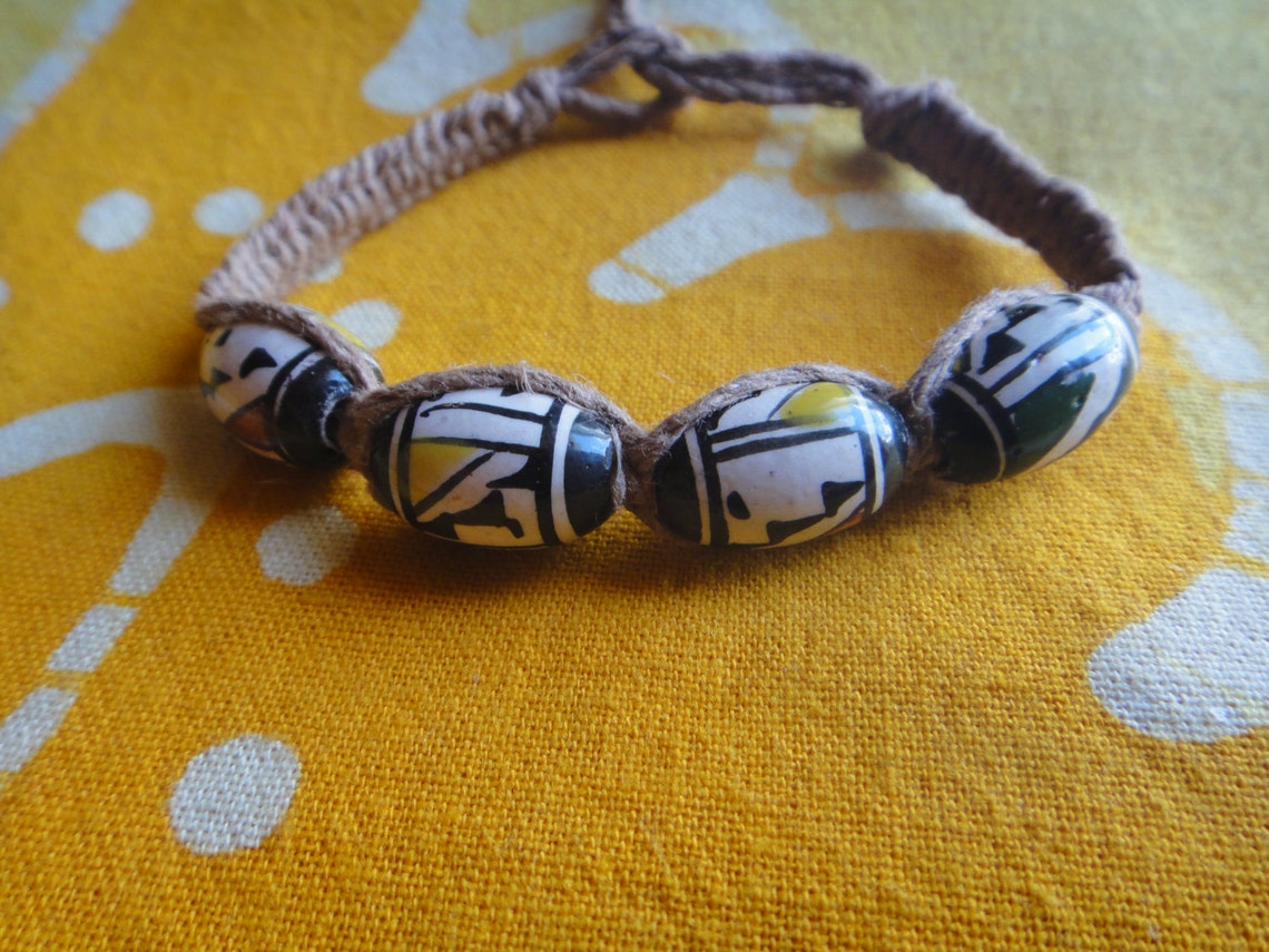 Peruvian Ceramic Bead Hemp Bracelet / Anklet Hand Painted Inca - Etsy