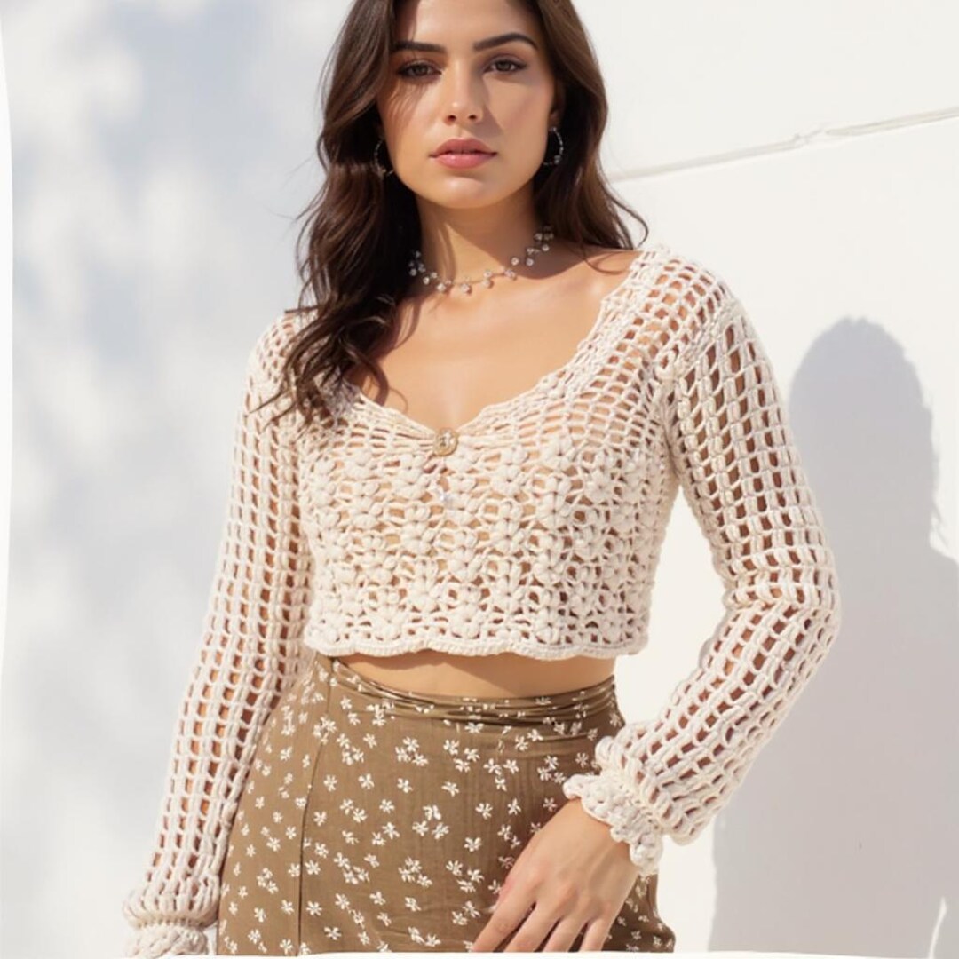 Crochet Top Pattern PDF - Maeve Floral Puff Stitch Design - Long Sleeve ...