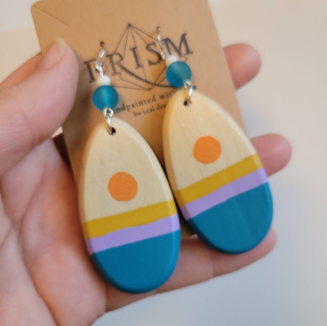 Sunset Ocean | Large Teardrop Hand Painted Lightweight Wood Earrings - Etsy