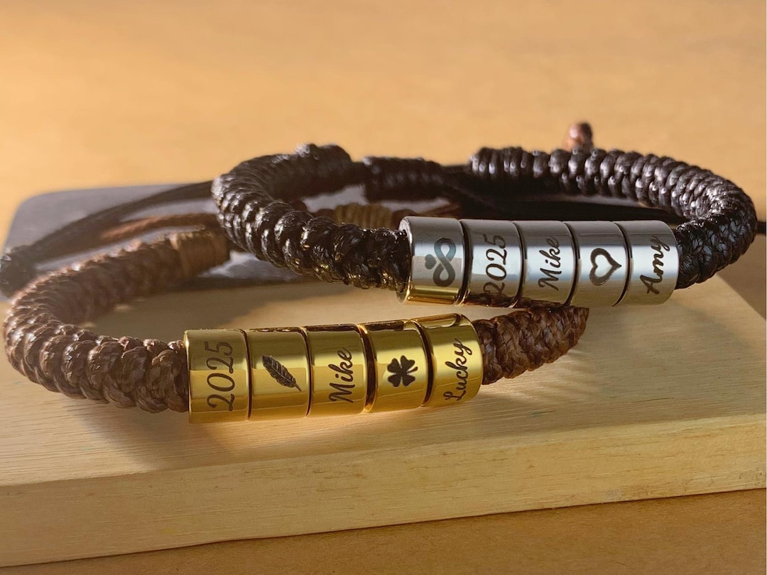Personalized Mens Woven Leather Bracelet, Adjustable Bracelet, Custom ...