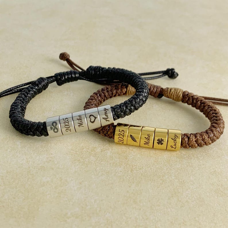 Personalized Mens Woven Leather Bracelet, Adjustable Bracelet, Custom ...