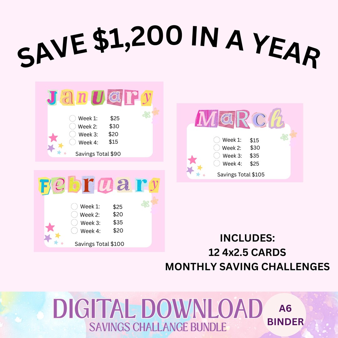 12 Monthly Savings Challenge Cards, Save 1,200 Dollars (digital ...