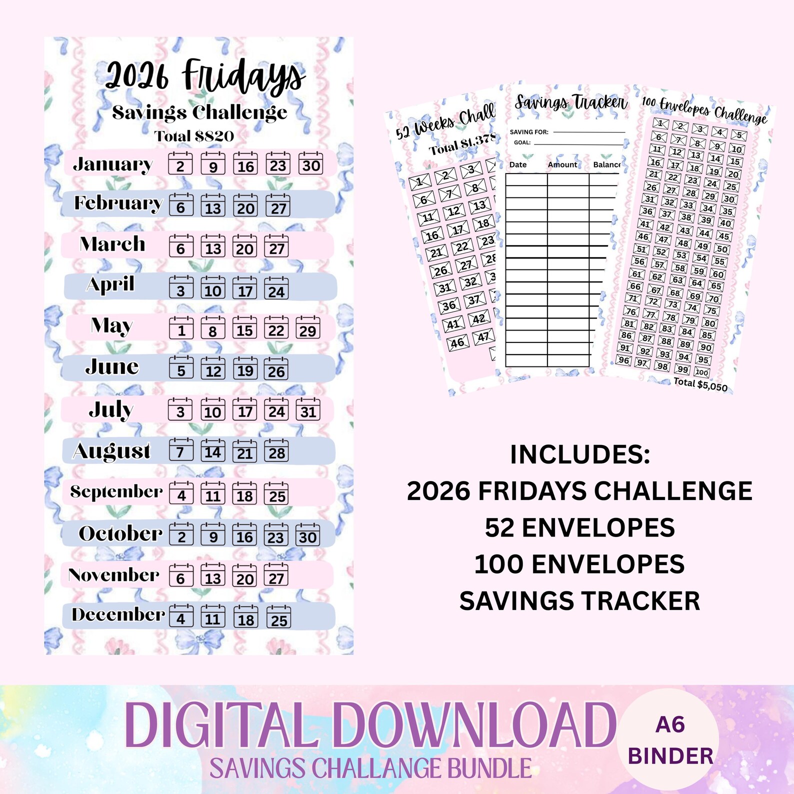 A6 Savings Challenge Bundle, 2026 Fridays, Trackers (digital Download ...