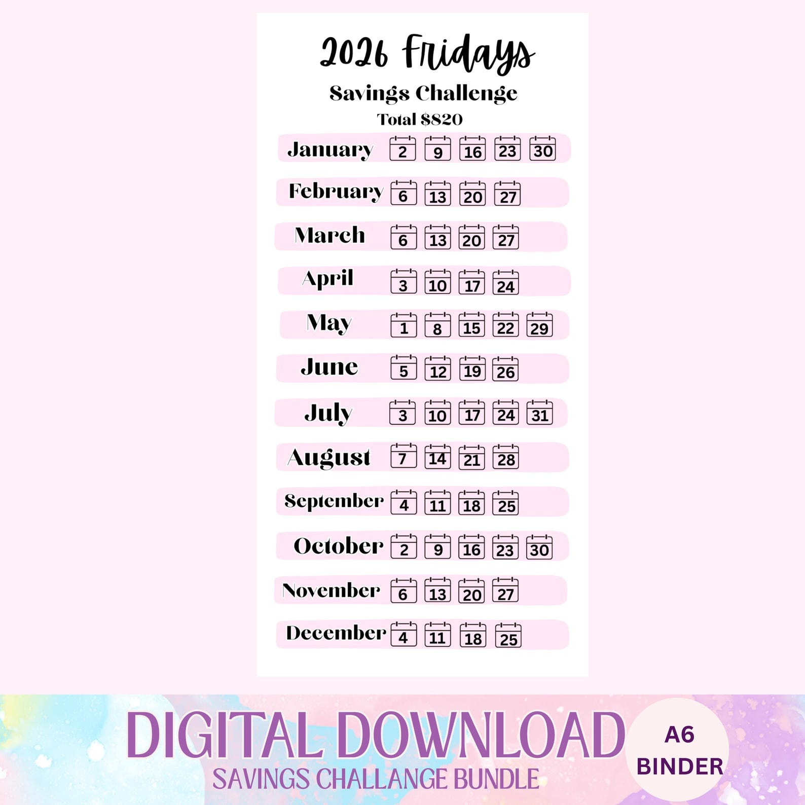 2026 Fridays Savings Challenge, A6 Binder (digital Download) - Etsy