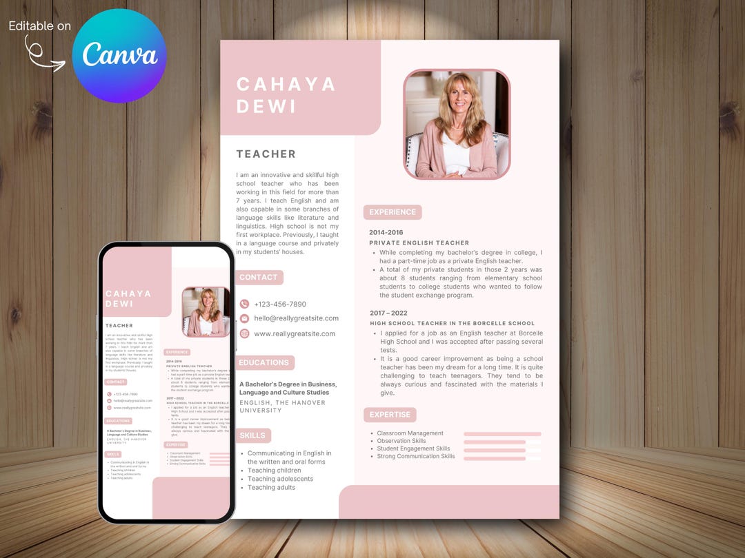 Modern Teacher Resume Template | Editable Canva CV | Professional Pink ...