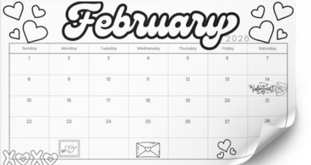 February 2026 Coloring Calendar | Valentine’s Day Kids Calendar ...
