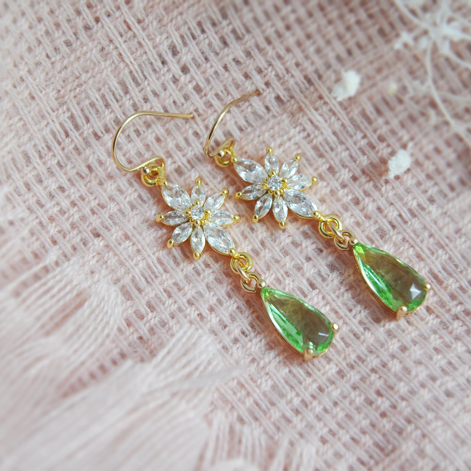 Flower Earrings, Light Green Earrings, Teardrop Earrings, Crystal ...