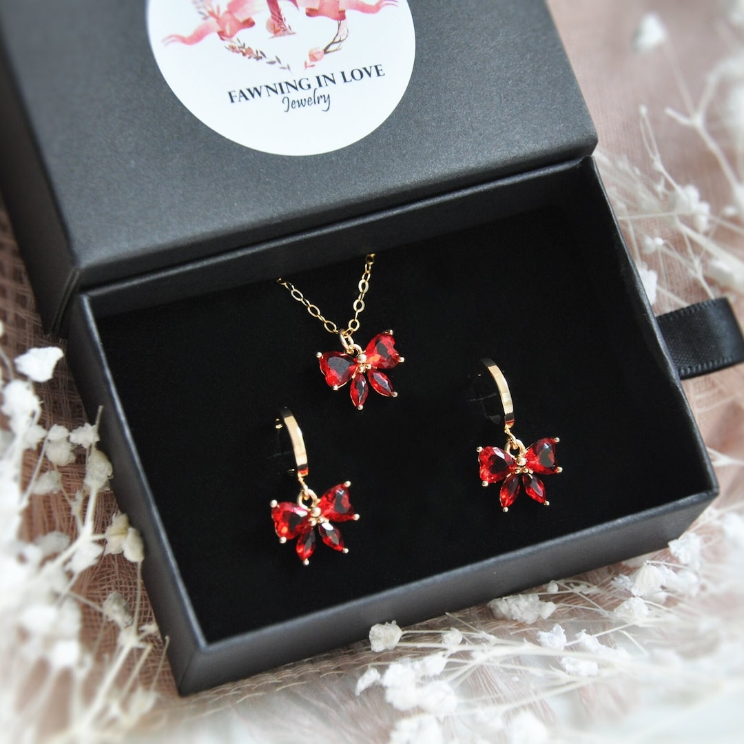 Dainty Bow Necklace Bow Earrings Red Ribbon Necklace Gold - Etsy