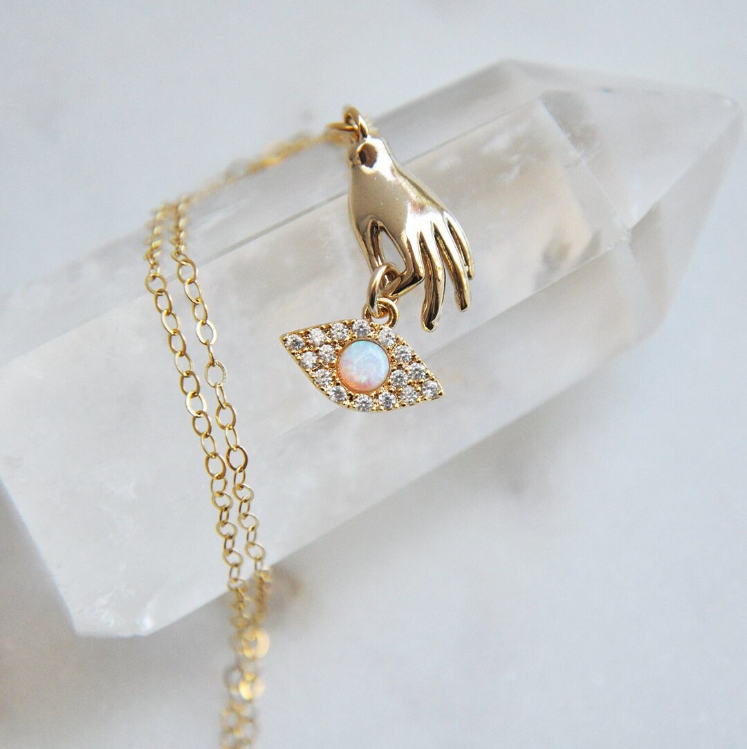 Opal Evil Eye Necklace, Opal Necklace, Gold Hand Necklace, Protection ...
