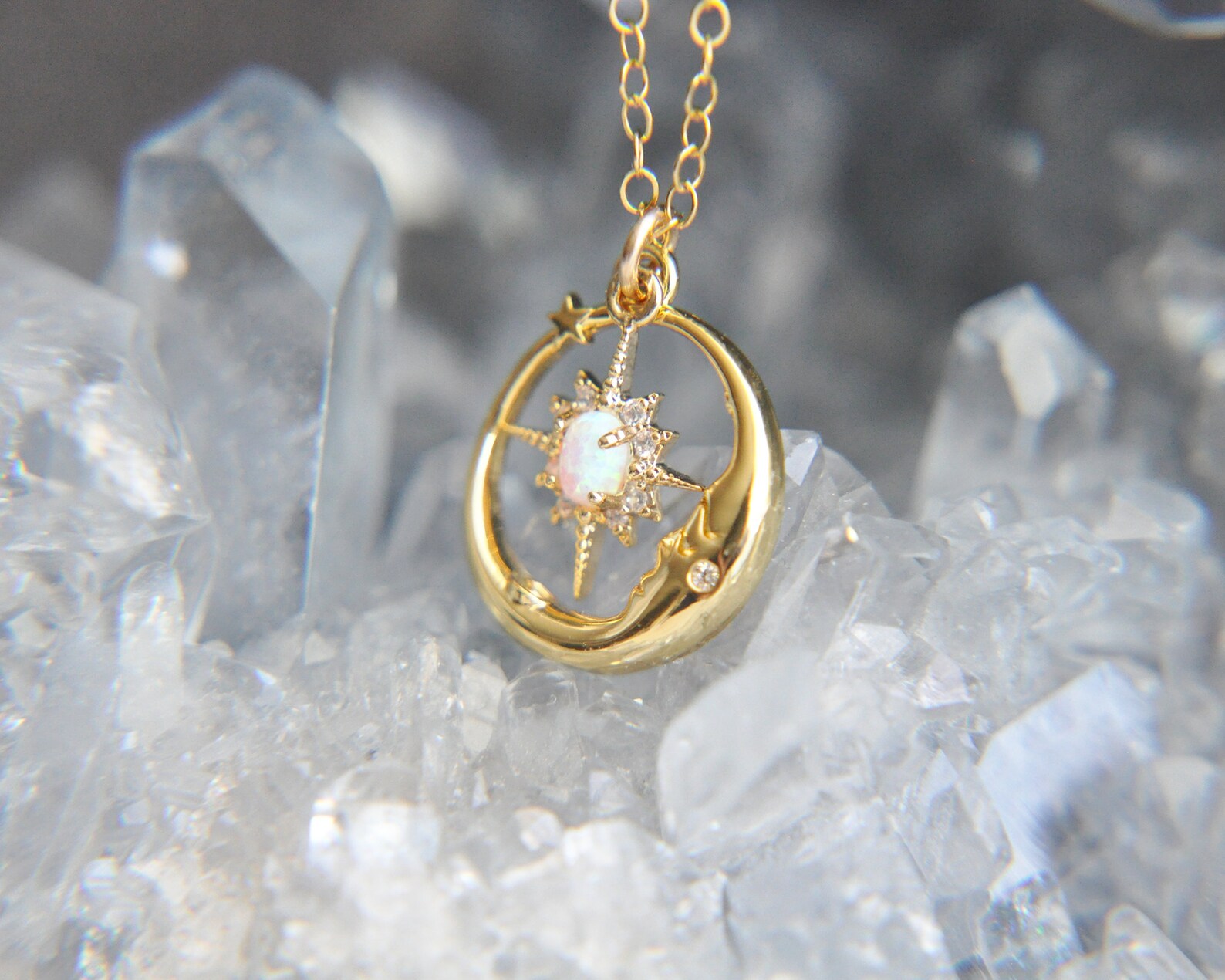 Opal Moon Necklace Gold Moon Necklace Celestial Jewelry | Etsy