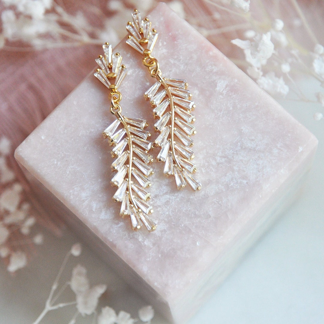 CZ Leaf Earrings, Art Deco Earrings, Boho Bridal Earrings, Whimsical Earrings, Forest Earrings ...