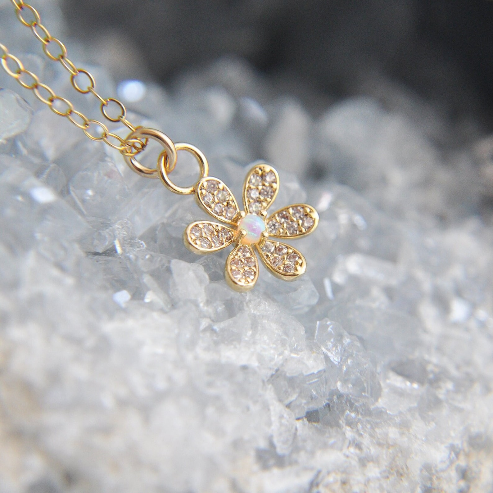 Daisy Necklace Dainty Flower Necklace Gold Opal Necklace | Etsy