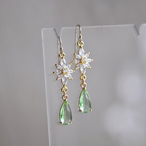 Flower Earrings, Light Green Earrings, Teardrop Earrings, Crystal ...