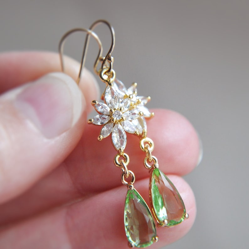 Flower Earrings, Light Green Earrings, Teardrop Earrings, Crystal ...