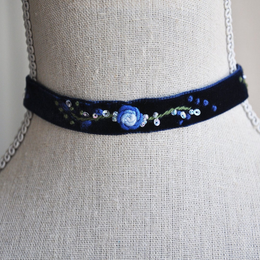 Velvet Choker, Blue Flower Choker, Vintage Choker, Flower Necklace ...