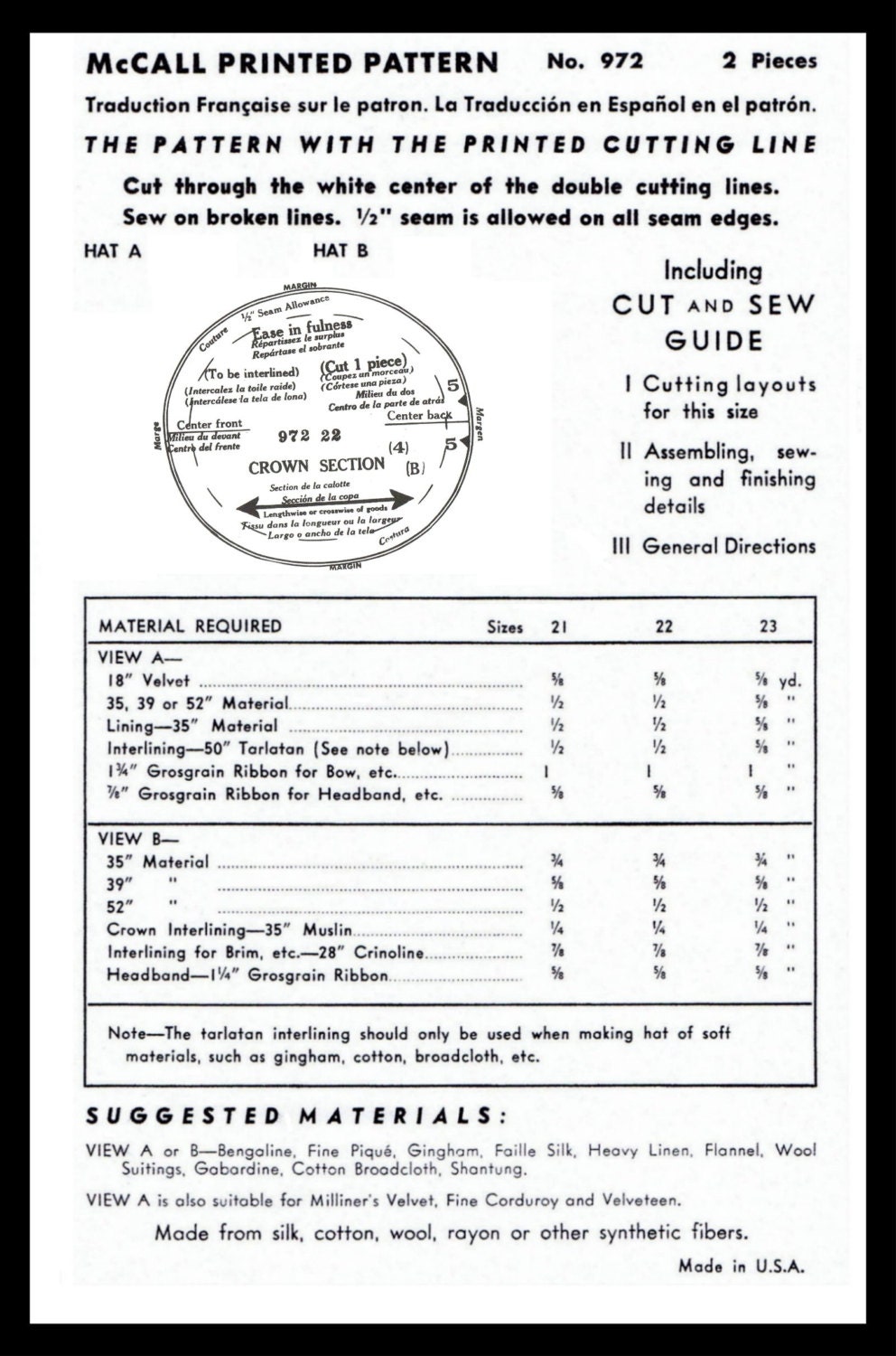 Fabric Material Sew Pattern Mccall 972 Stunning HOT Millinery - Etsy ...