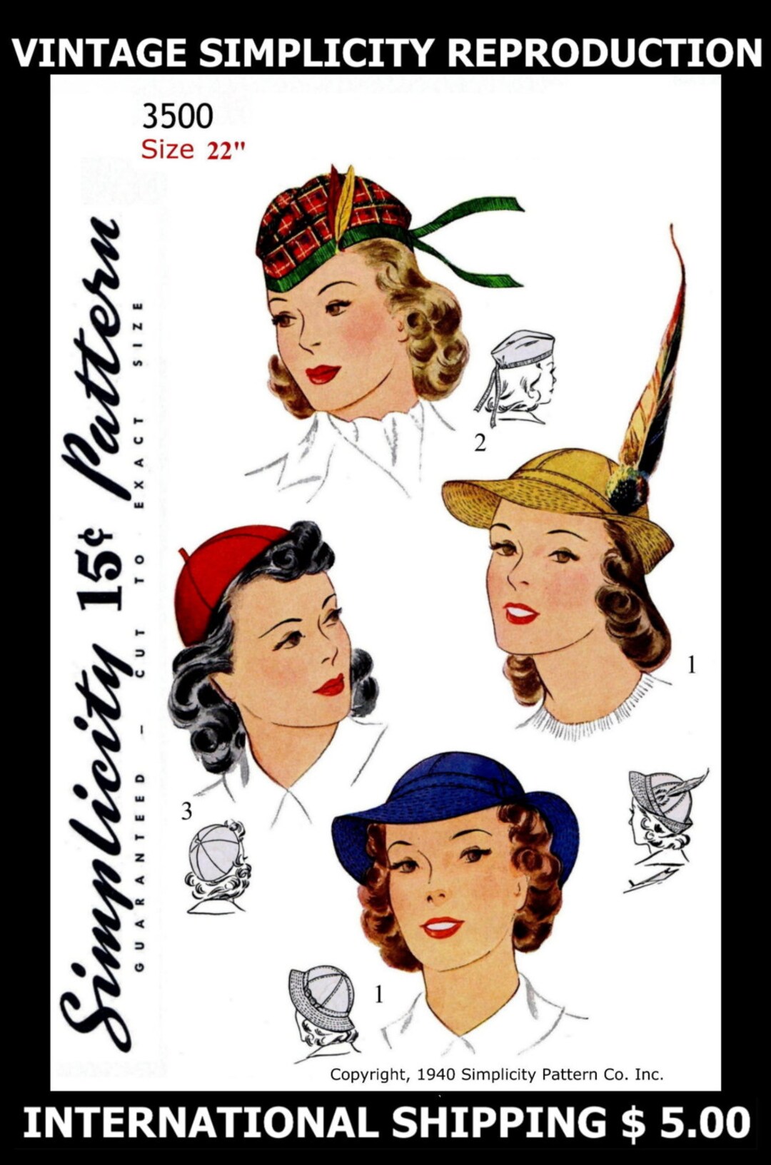 3500 Vintage SIMPLICITY Simple HATS Scotch & Calot Fabric Material ...