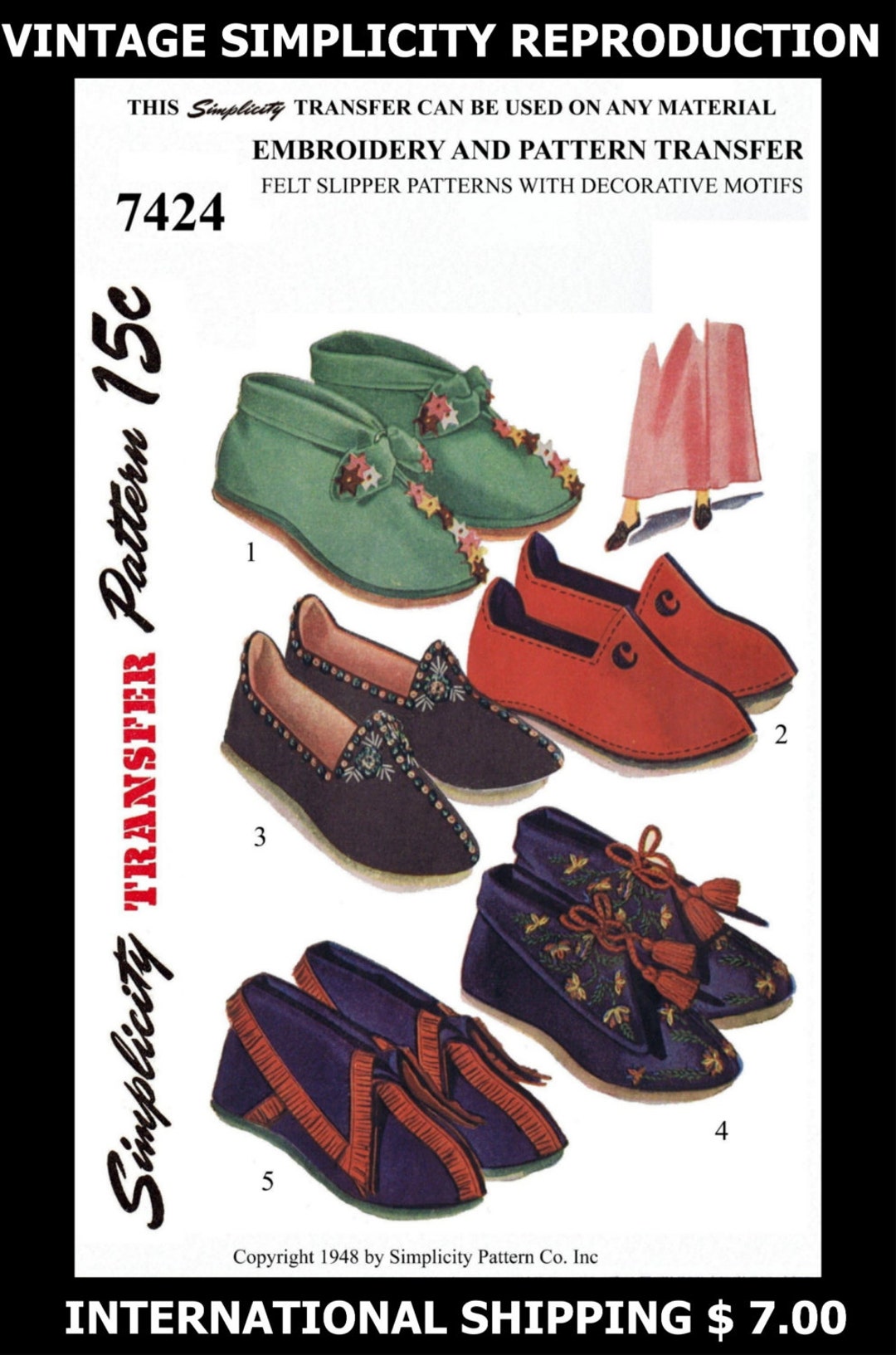 7424 SIMPLICITY 40s Vintage UNIQUE Felt Slippers Shoes Fabric Material ...