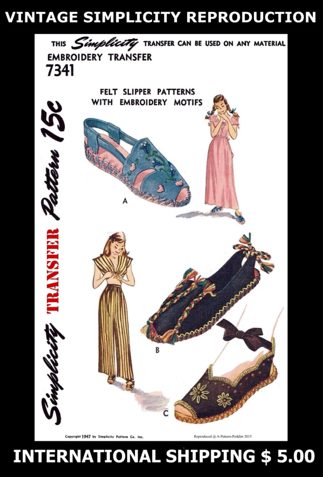 Pattern 1940's Embroidered FELT Slippers Summer SHOES Espadrille Sandal ...
