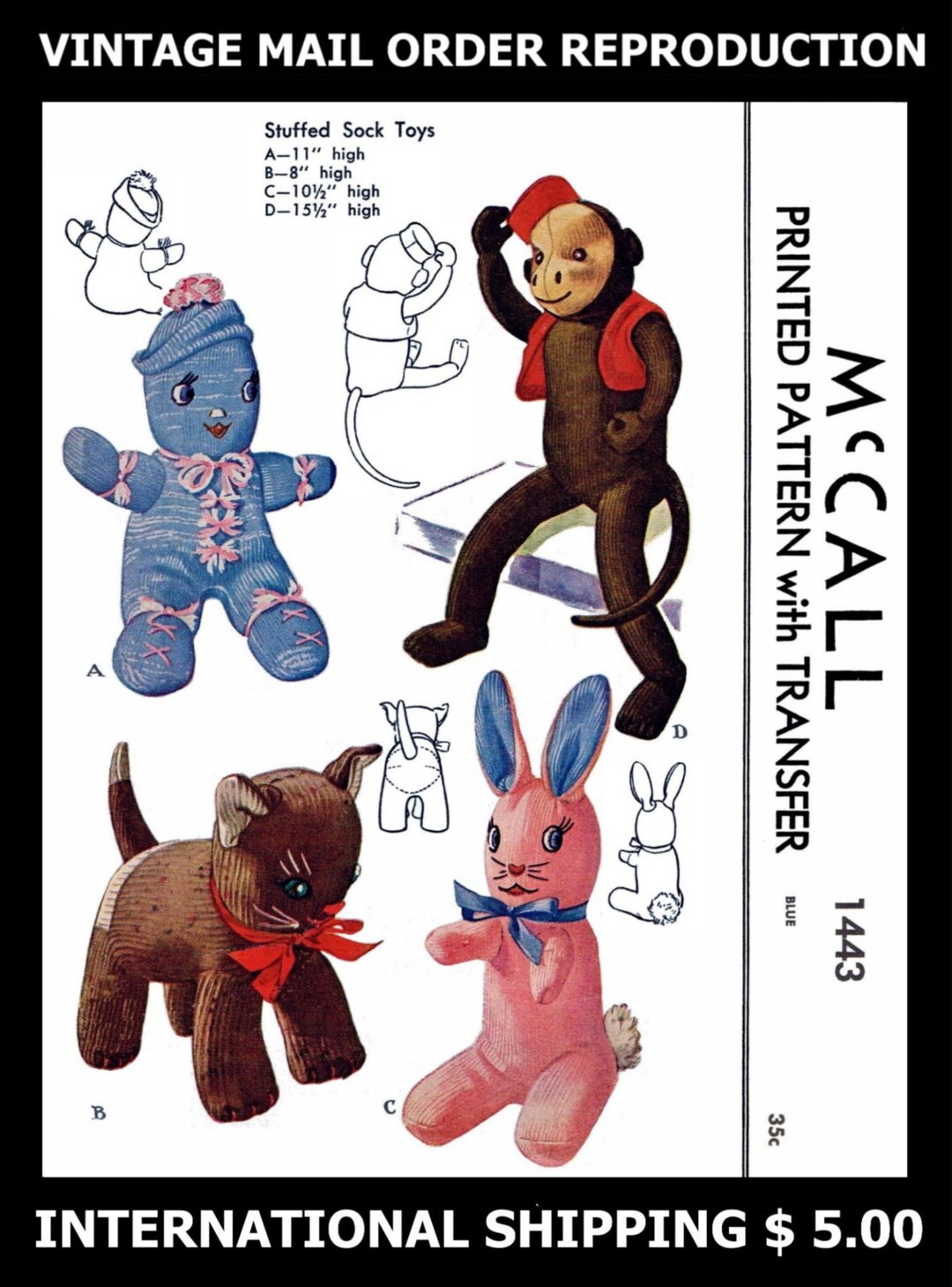 SOCK DOLLS Mccall 1443 Pattern Reproduction Girl Bunny Cat Monkey Kitty ...