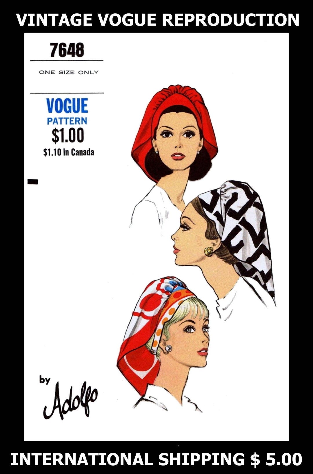 7648 Vintage VOGUE Designer ADOLFO Scarf HAT Fabric Material Sewing ...