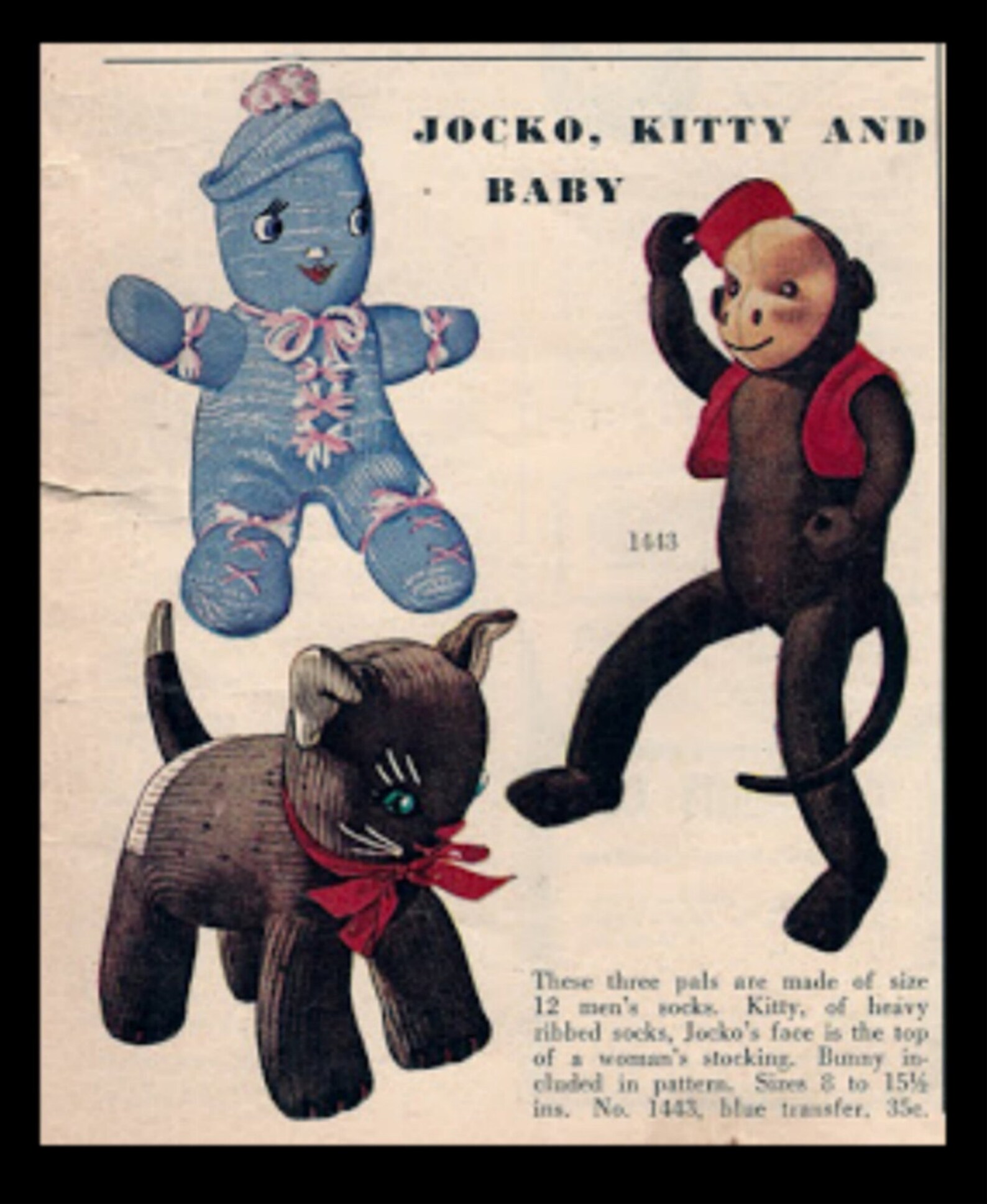 SOCK DOLLS Mccall 1443 Pattern Reproduction Girl Bunny Cat Monkey Kitty ...