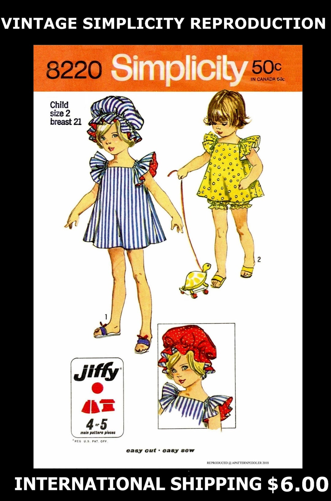 Simplicity 8220 70's Jiffy Dress & Bonnet Cap Sewing Pattern Romper ...