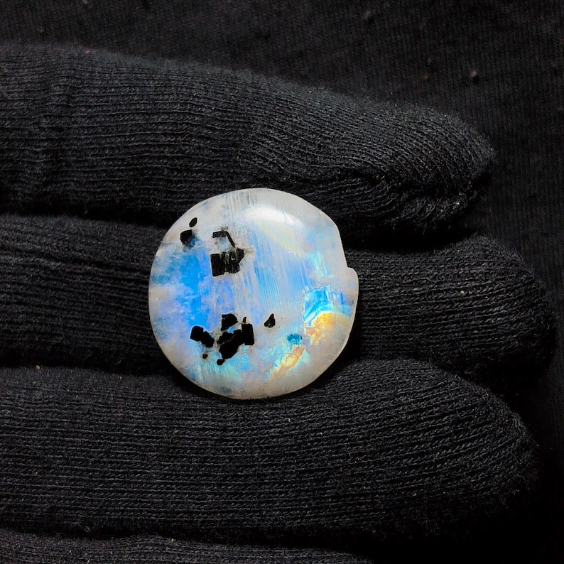 Natural Blue Fire Rainbow Moonstone Gemstone Round Shape Black Spot ...