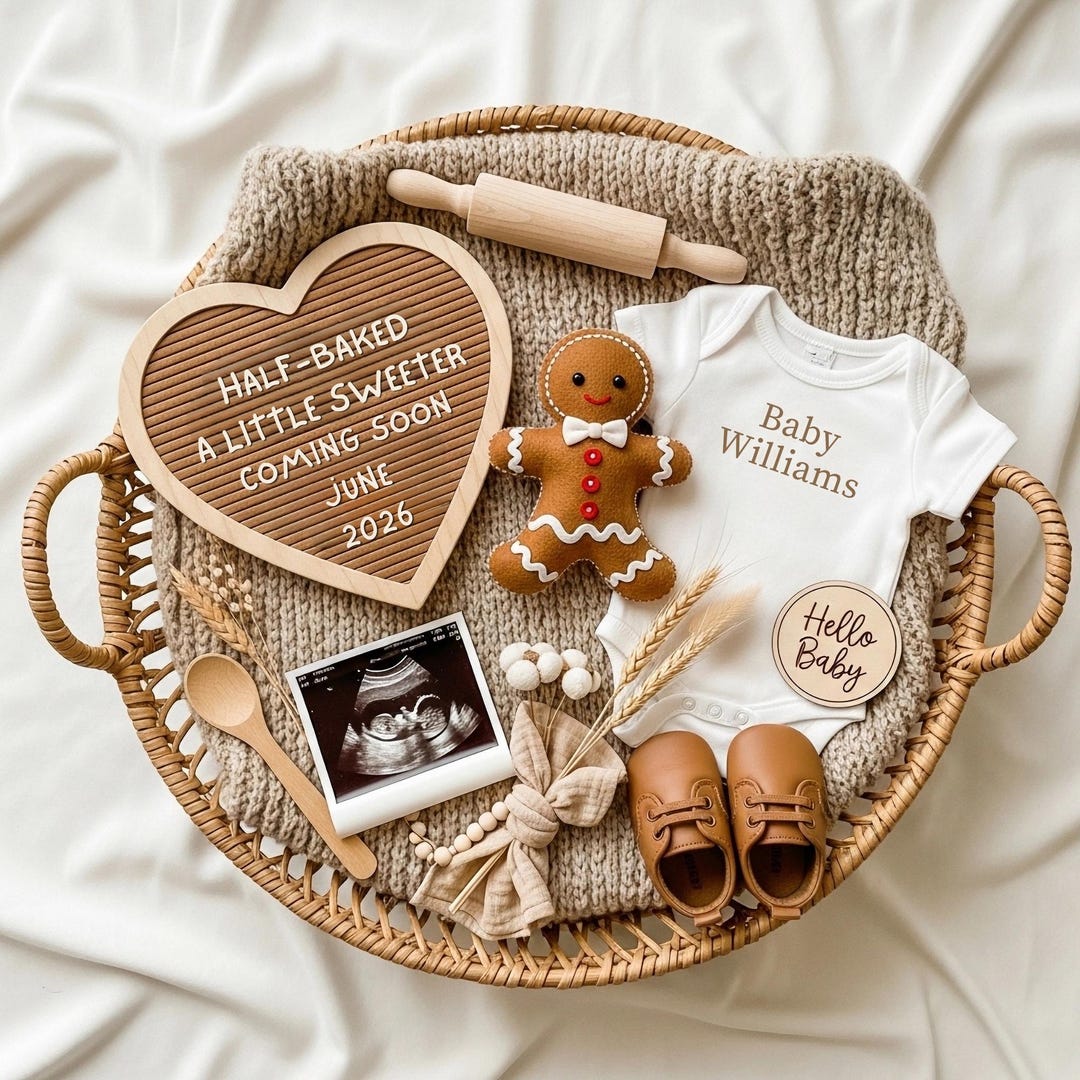 Gingerbread Half Baked Baby Announcement Flat Lay, Custom Christmas ...