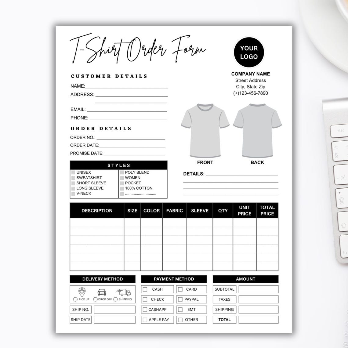 Editable T-shirt Order Form: Custom Shirt Sheet (canva Template, US ...