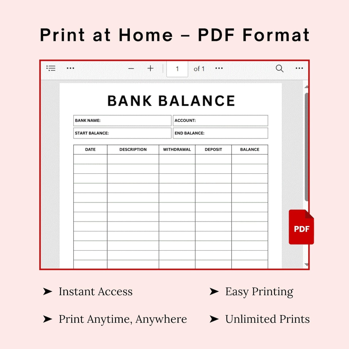 Printable Bank Balance Sheet, Savings Tracker, Banking Record, Finance ...