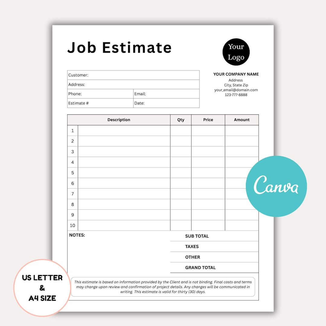 Job Estimate Template. Work Estimate Template. Editable Job Estimate ...