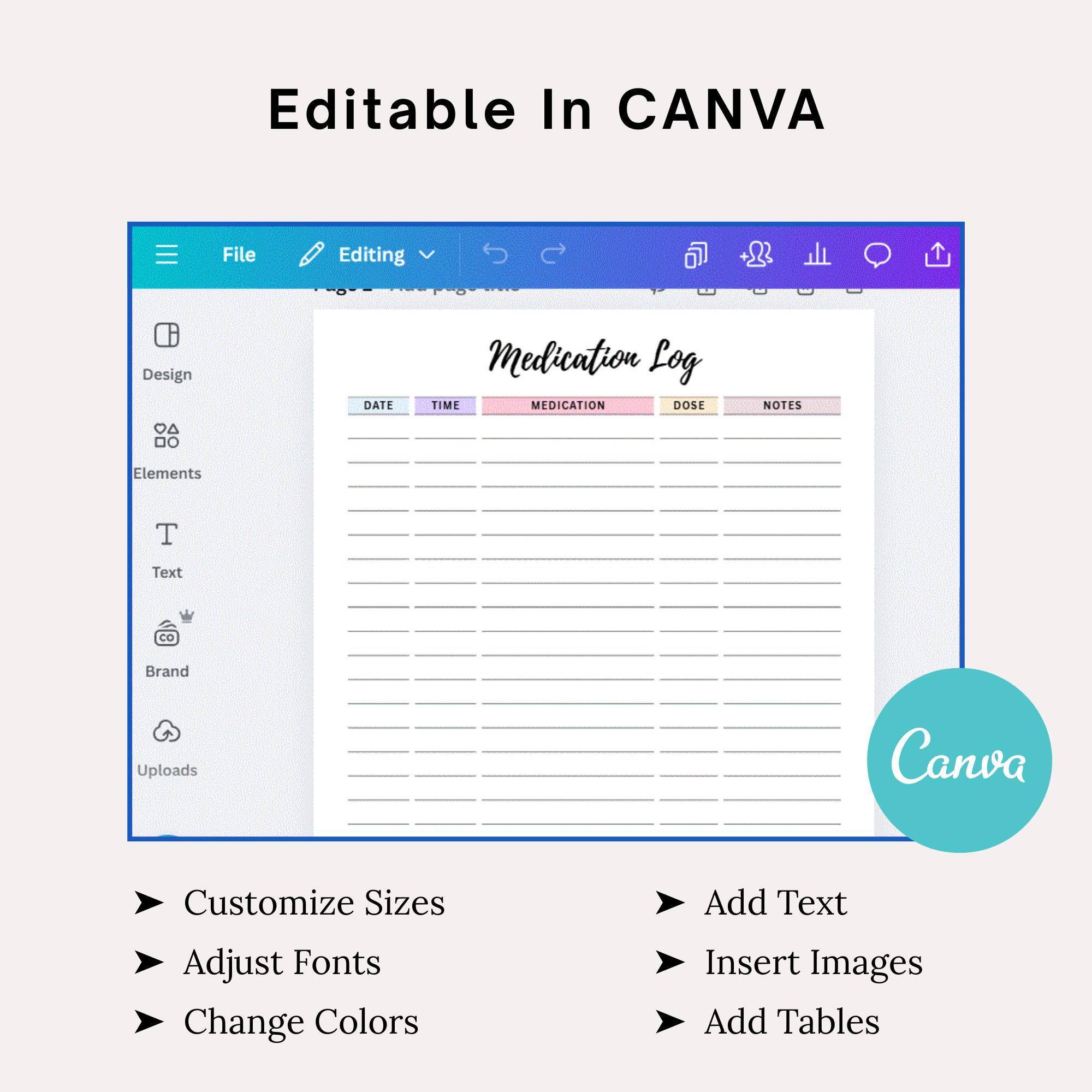 Weekly Medication Log Printable: Daily Medicine Tracker (CANVA & PDF ...
