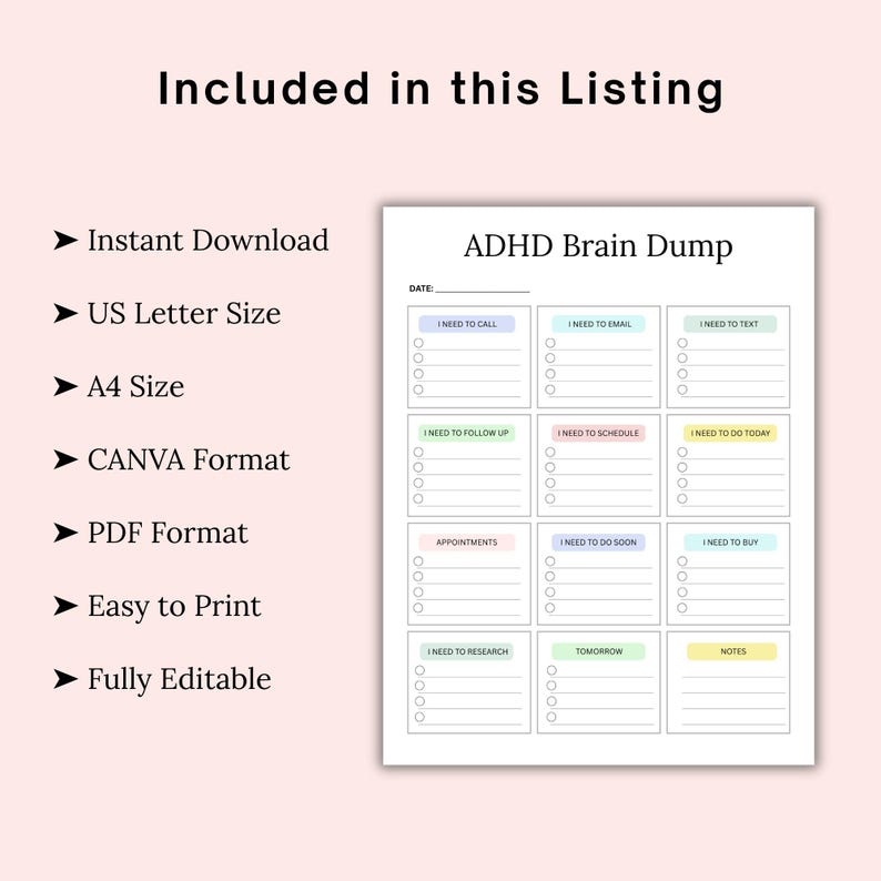 Editable ADHD Brain Dump Template. ADHD Daily Planner. Productivity ...