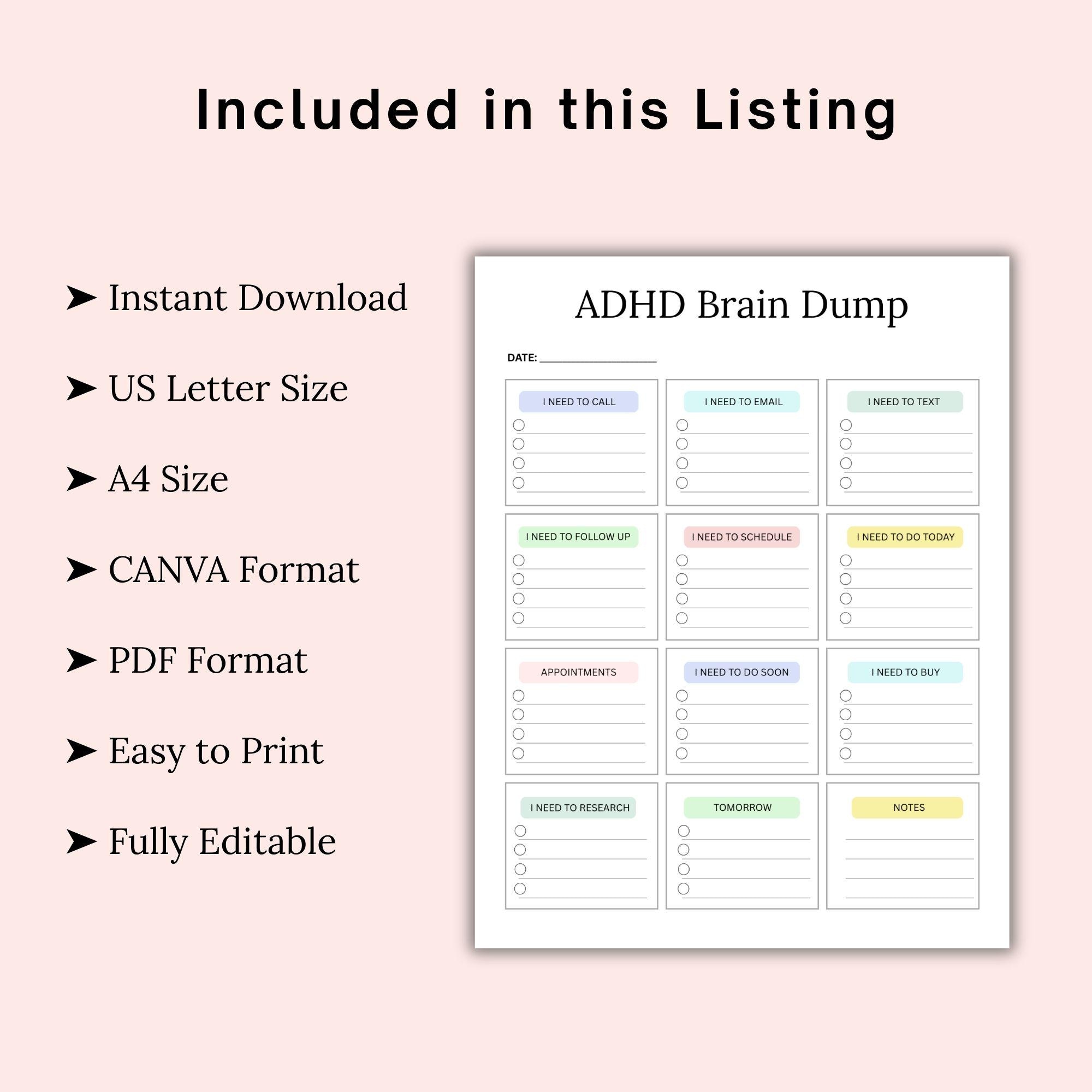 Editable ADHD Brain Dump Template. ADHD Daily Planner. Productivity ...