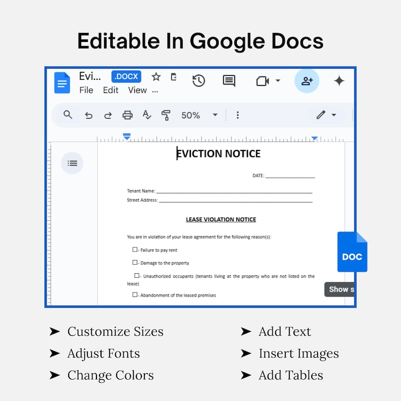 Editable Eviction Notice Template: Landlord Notice to Vacate (word, PDF, Google Docs, Instant ...