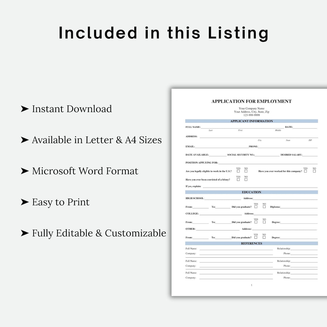 Editable Job Application Template: Microsoft Word, US Letter & A4 ...