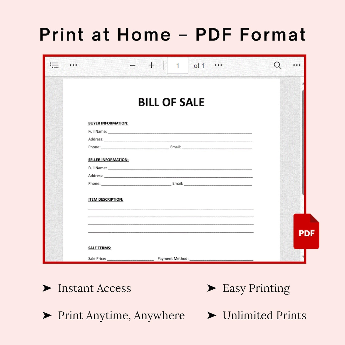 Printable Bill of Sale Template | Bill of Sale Form | Editable Sale ...