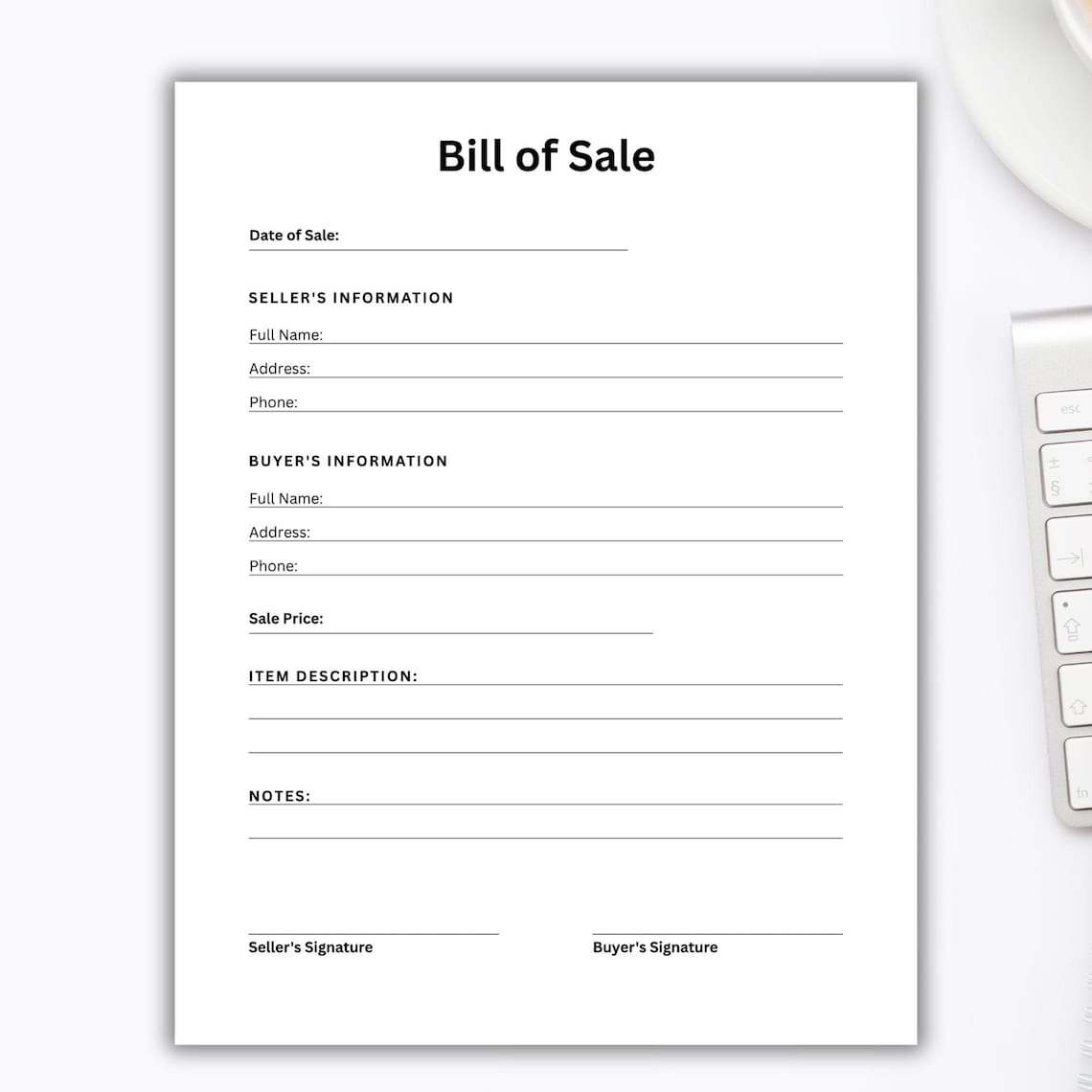 Printable Bill of Sale Template | Bill of Sale Form | Editable Sale ...