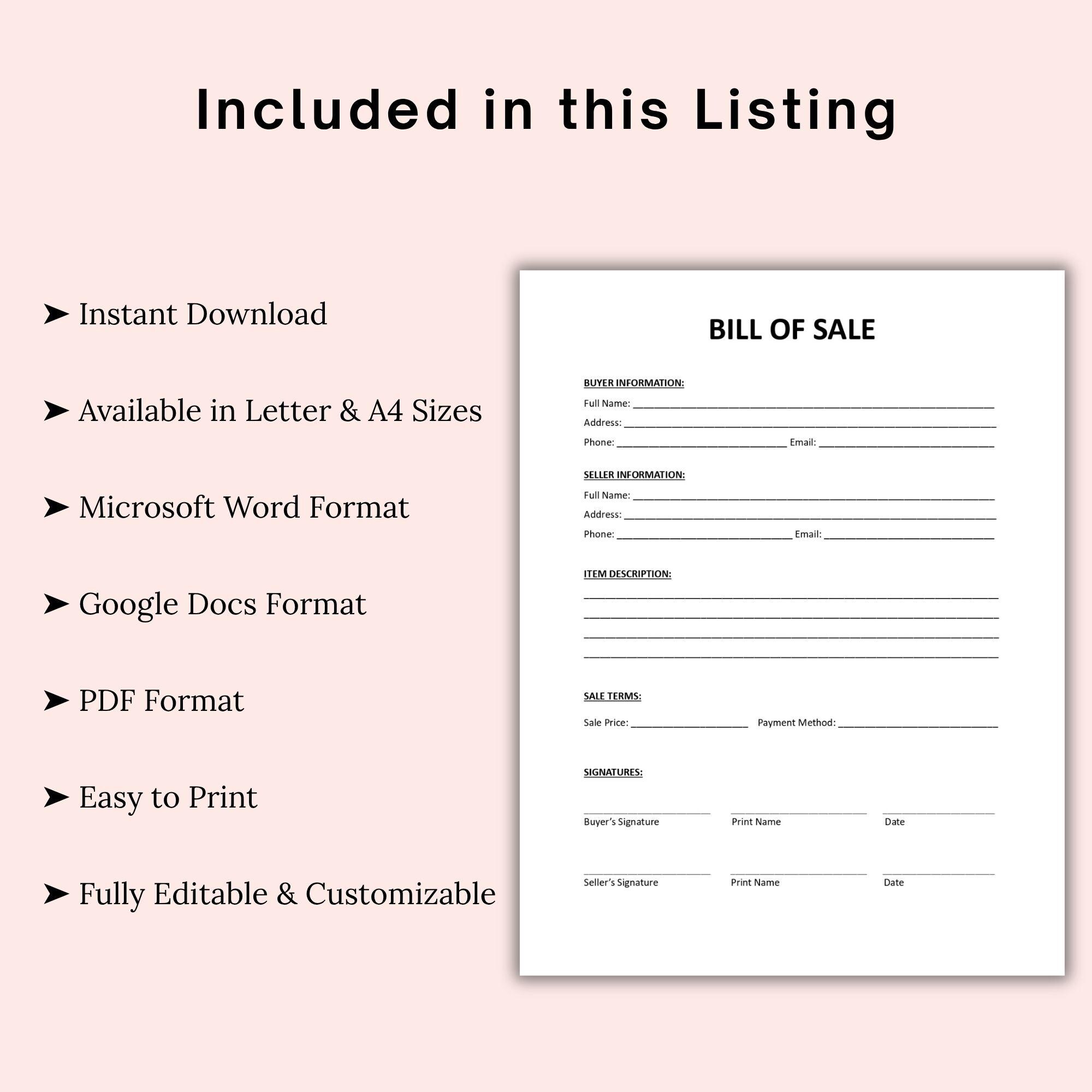 Printable Bill of Sale Template | Bill of Sale Form | Editable Sale ...