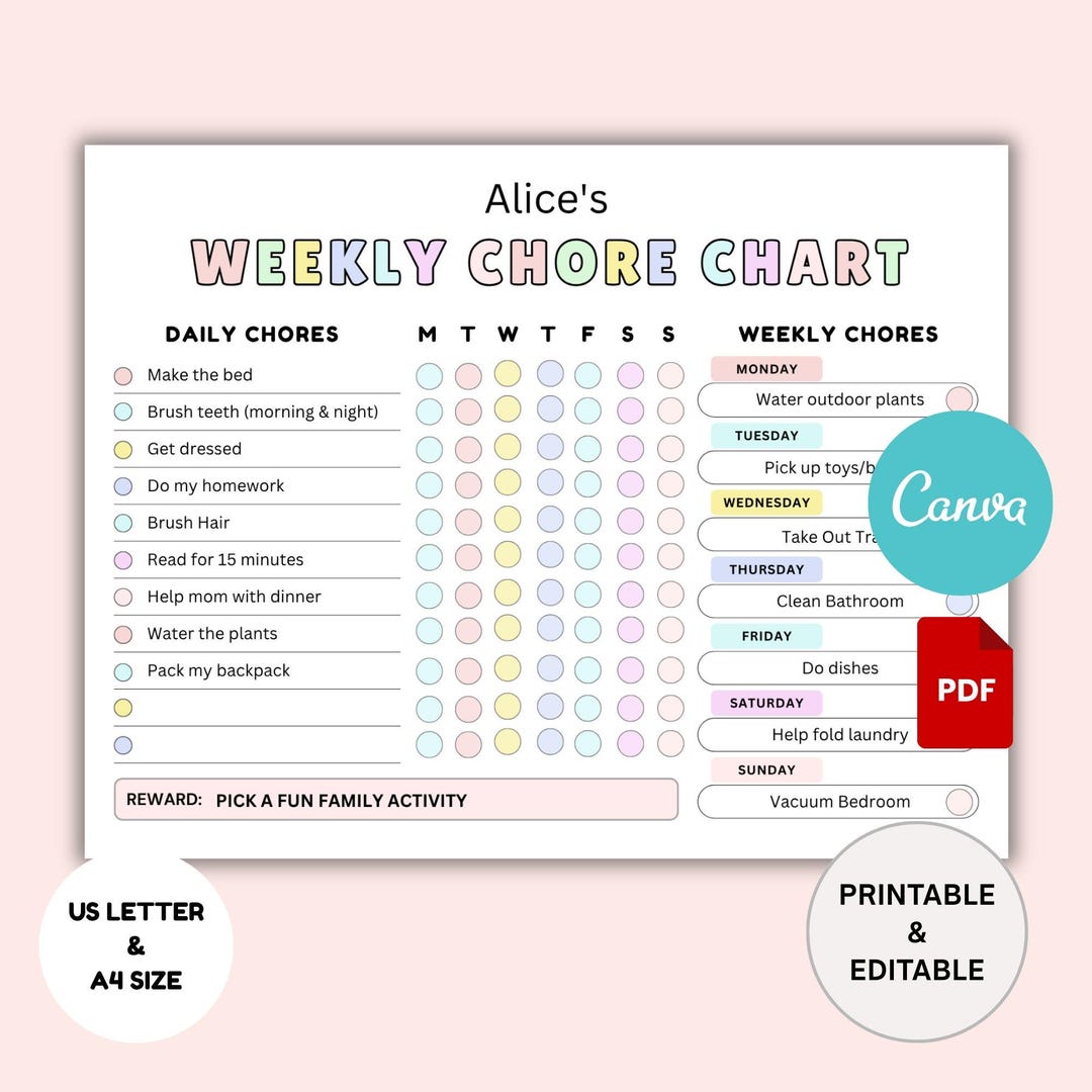 Editable Chore Chart for Kids, Printable Daily Weekly Responsibility ...