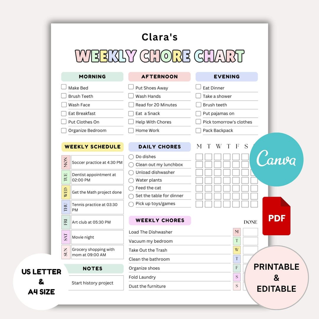 Editable Responsibility Chore Chart for Kids, Printable Responsibility ...