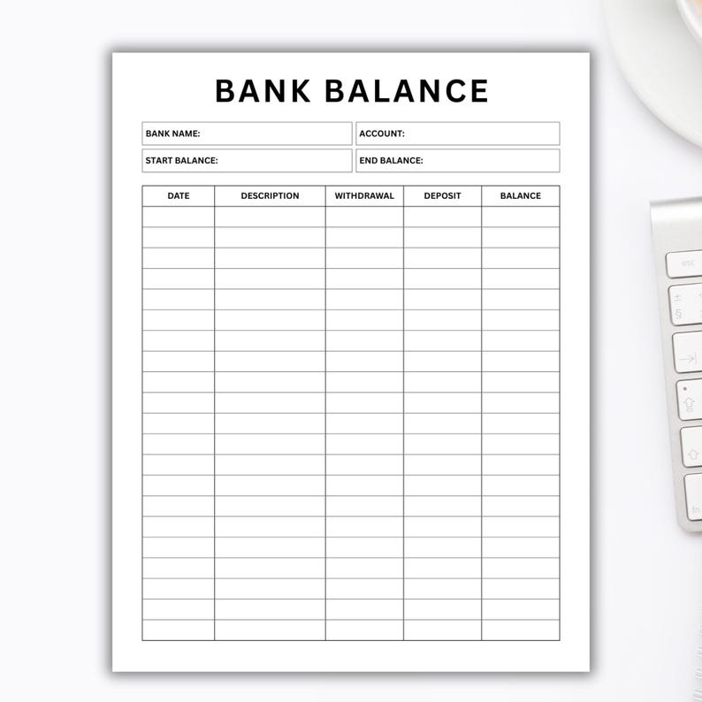Printable Bank Balance Sheet, Savings Tracker, Banking Record, Finance ...