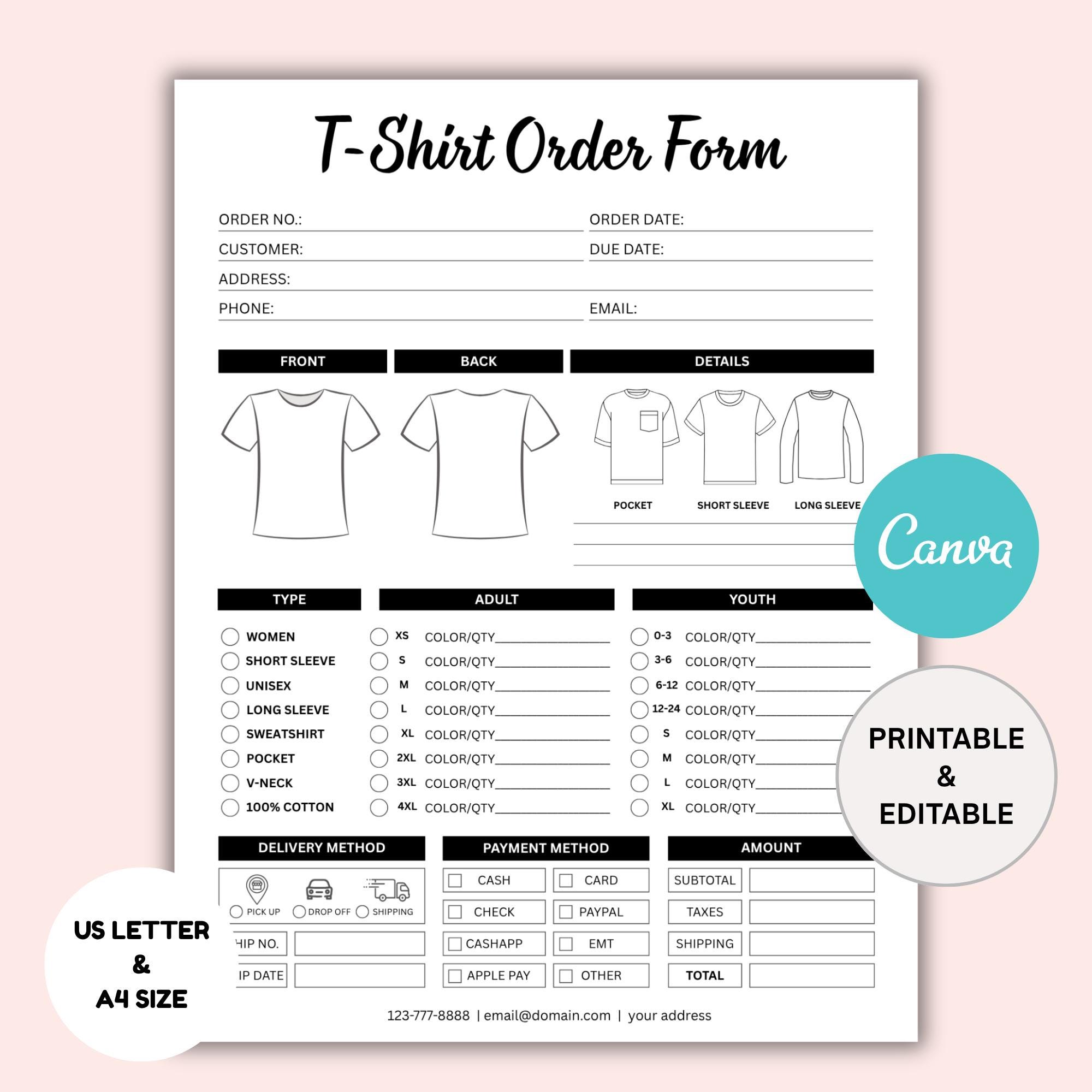 Editable T-shirt Order Form: Small Business Canva Template (US Letter ...