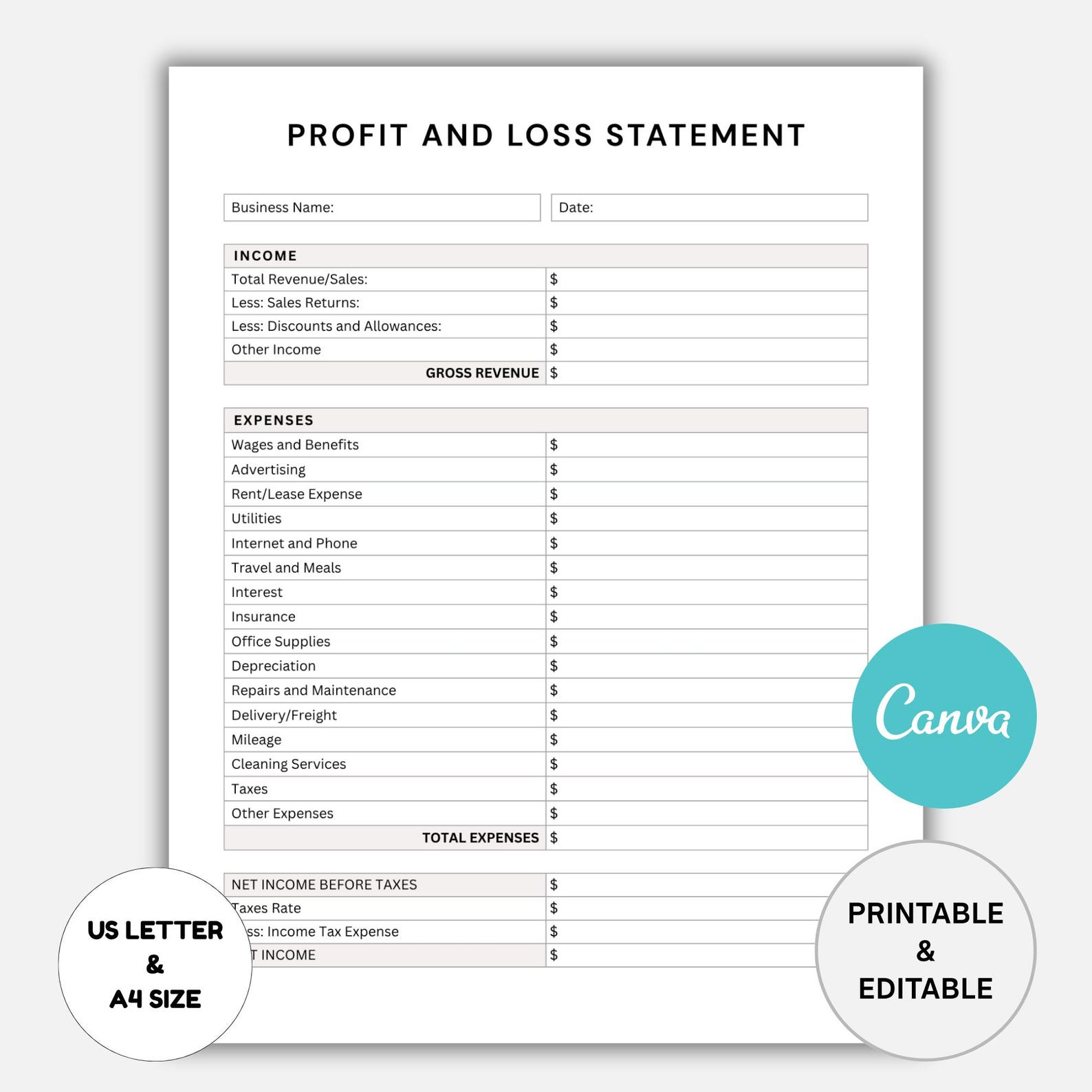 Printable Profit and Loss Statement Template, Profit Calculator ...