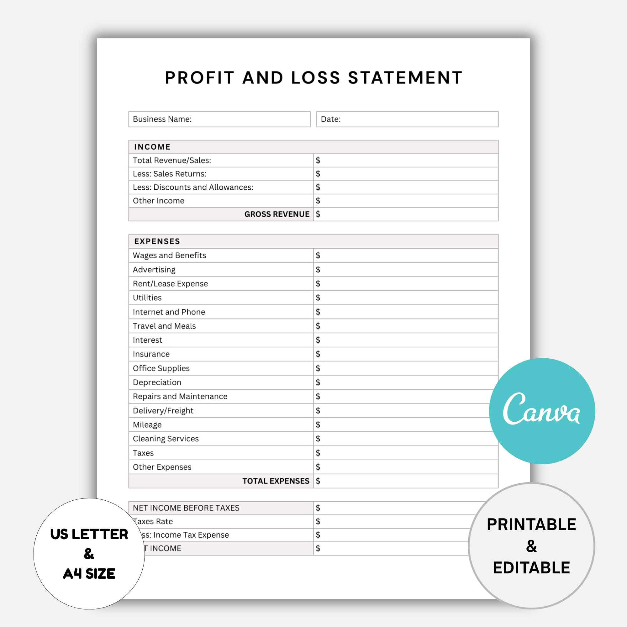 Printable Profit and Loss Statement Template, Profit Calculator ...