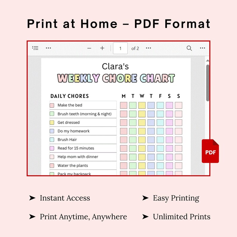 Weekly Chore Chart for Kids EDITABLE, Kids Daily Responsibility Chart ...