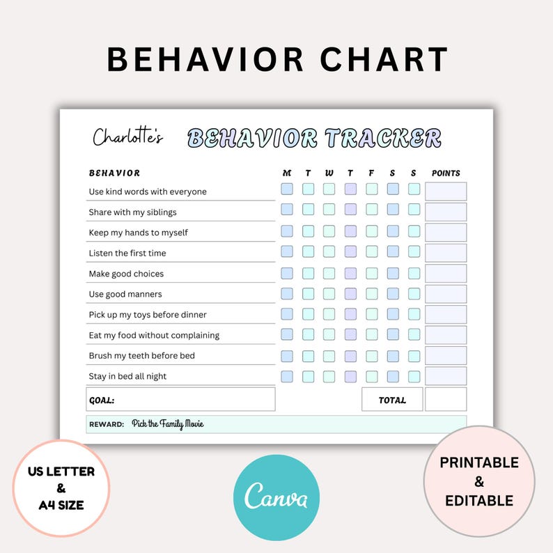 Printable Kids Behavior Reward Chart: Editable Chore Tracker (US Letter ...